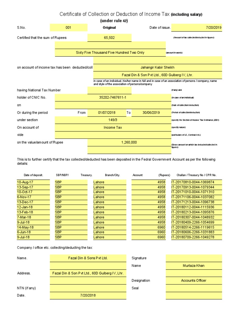 Certificate of Collection or Deduction of Income Tax: (Under Rule ...
