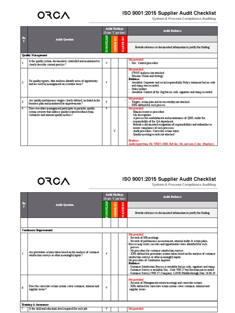 ISO 9001-2015 Supplier Audit Checklist | PDF | Audit | Iso 9000