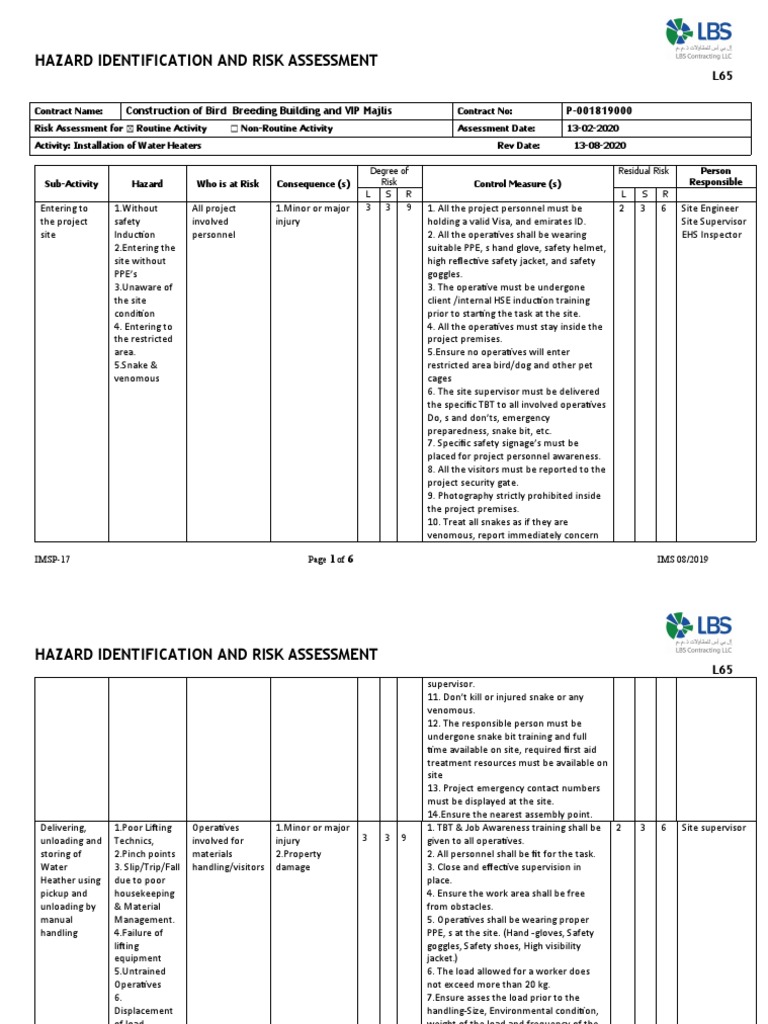 Risk Assessment For Water Heaters Installation | PDF | Personal ...