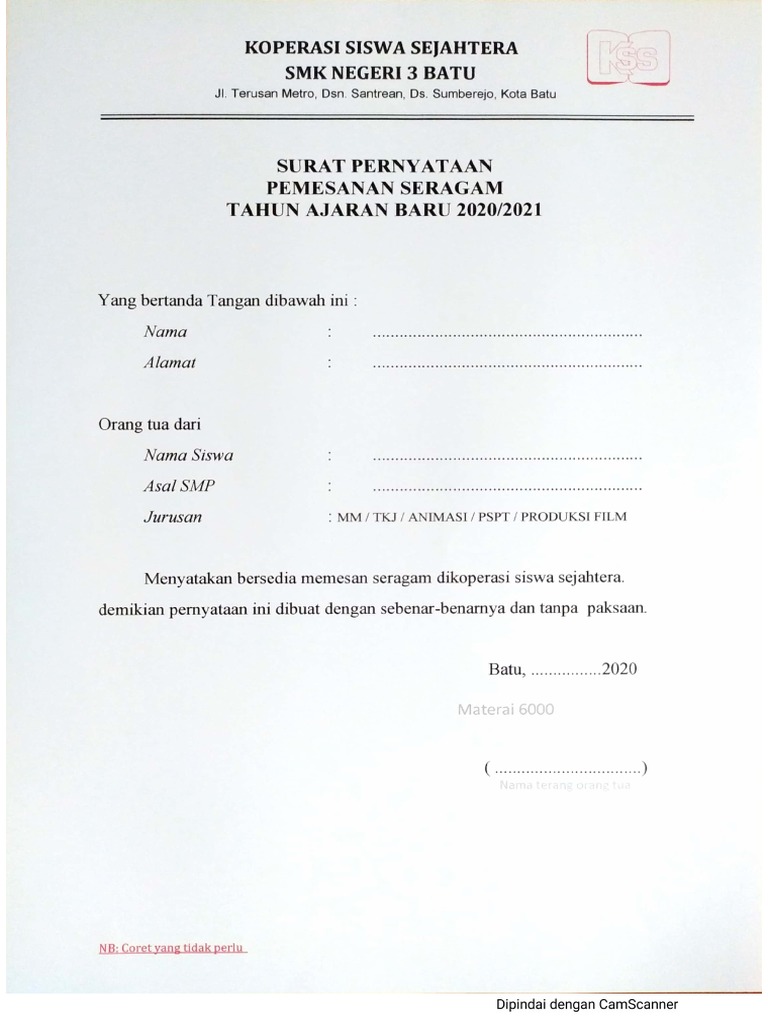 Form - Surat Pernyataan Pemesanan Seragam 2020 | PDF
