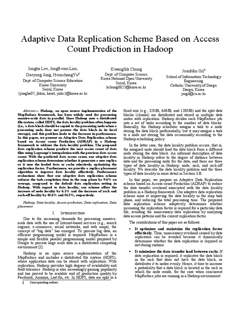 Adaptive Data Replication Scheme Based On Access Count Prediction in Hadoop | PDF | Apache ...