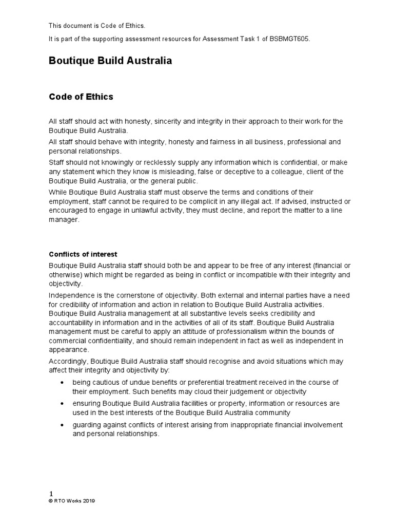 Boutique Build Australia: Code of Ethics | PDF | Confidentiality | Conflict Of Interest
