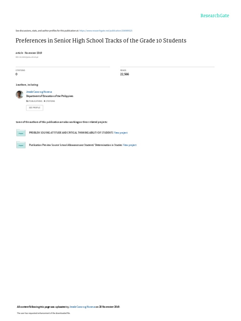 Preferences in Senior High School Tracks of The Grade 10 Students | PDF ...