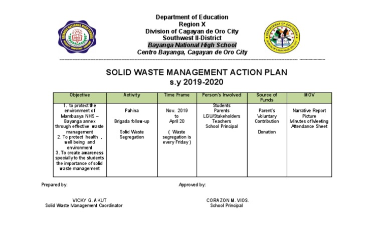 Solid Waste Management Action Plan S.Y 2019-2020: Bayanga National High ...