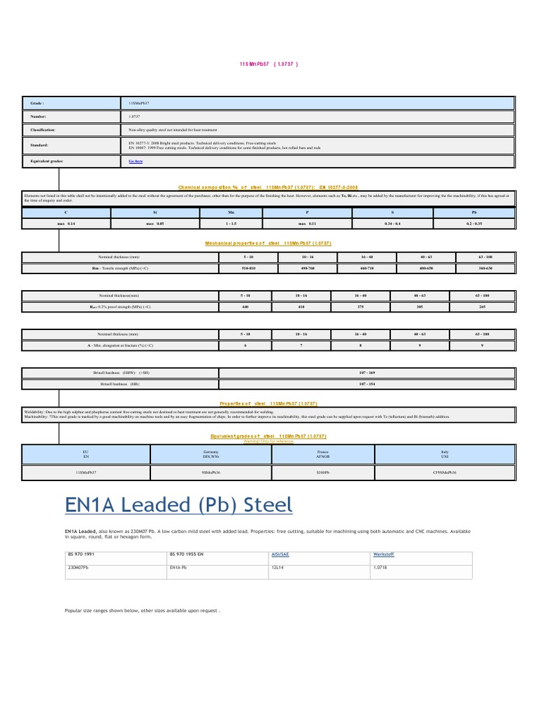 En1A Leaded (PB) Steel: 11Smnpb37 (1.0737) | PDF | Steel | Materials