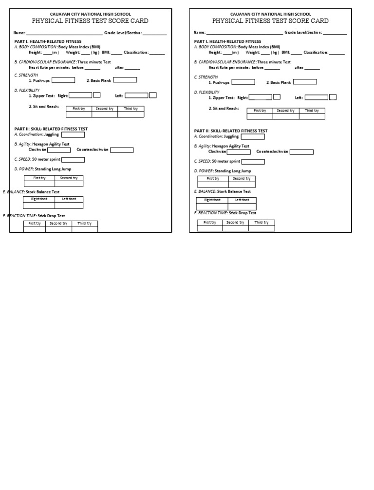 Physical Fitness Test Score Card | PDF | Body Mass Index | Determinants ...