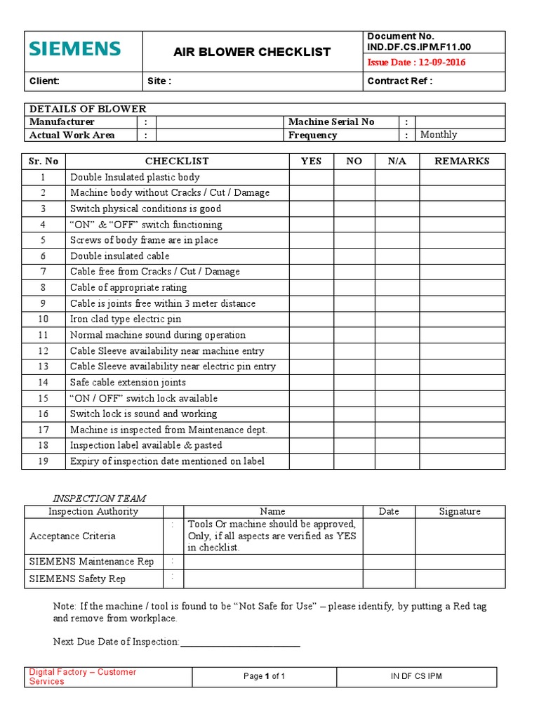 Air Blower Checklist Inspection Report | PDF