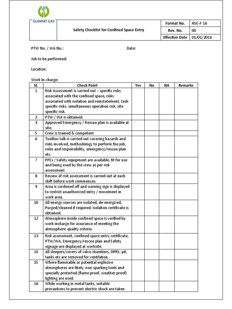 HSE-F-16 Safety Checklist For Confined Space Entry | PDF | Prevention ...