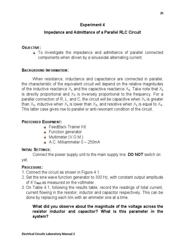Experiment 4 Impedance and Admittance of A Parallel RLC Circuit | PDF ...