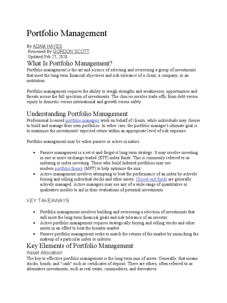 Portfolio Management | PDF | Asset Allocation | Investment Management