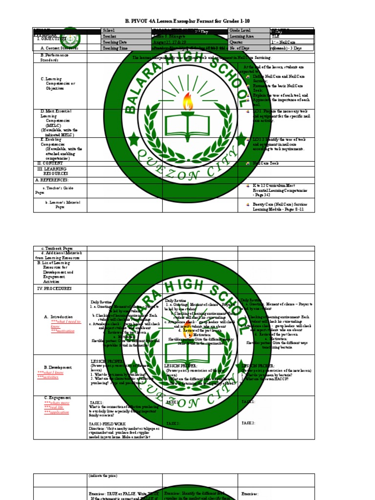 B. PIVOT 4A Lesson Exemplar Format For Grades 1-10 | PDF | Foods ...