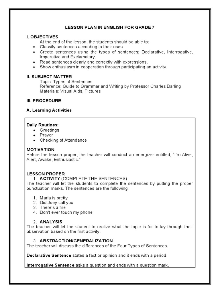 A Detailed Lesson Plan In English PDF Lesson Plan Sentence , 56% OFF