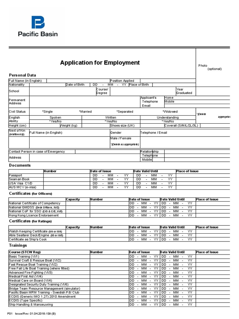 P01 - PB Crew Application Form 01 Apr 18 Non FIL | PDF | Travel Visa ...