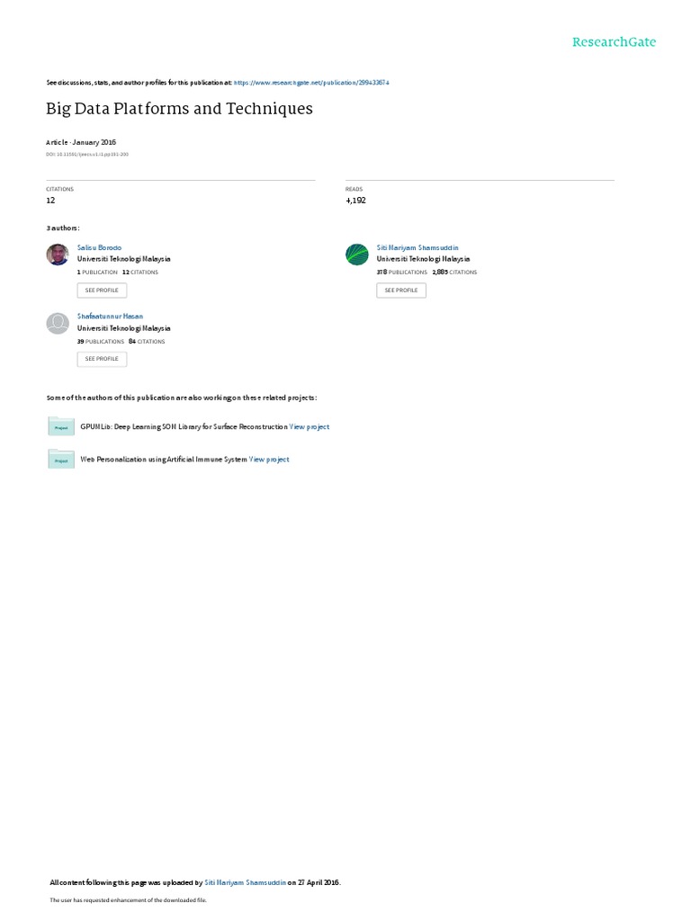 Big Data Platforms and Techniques: January 2016 | PDF | Big Data ...