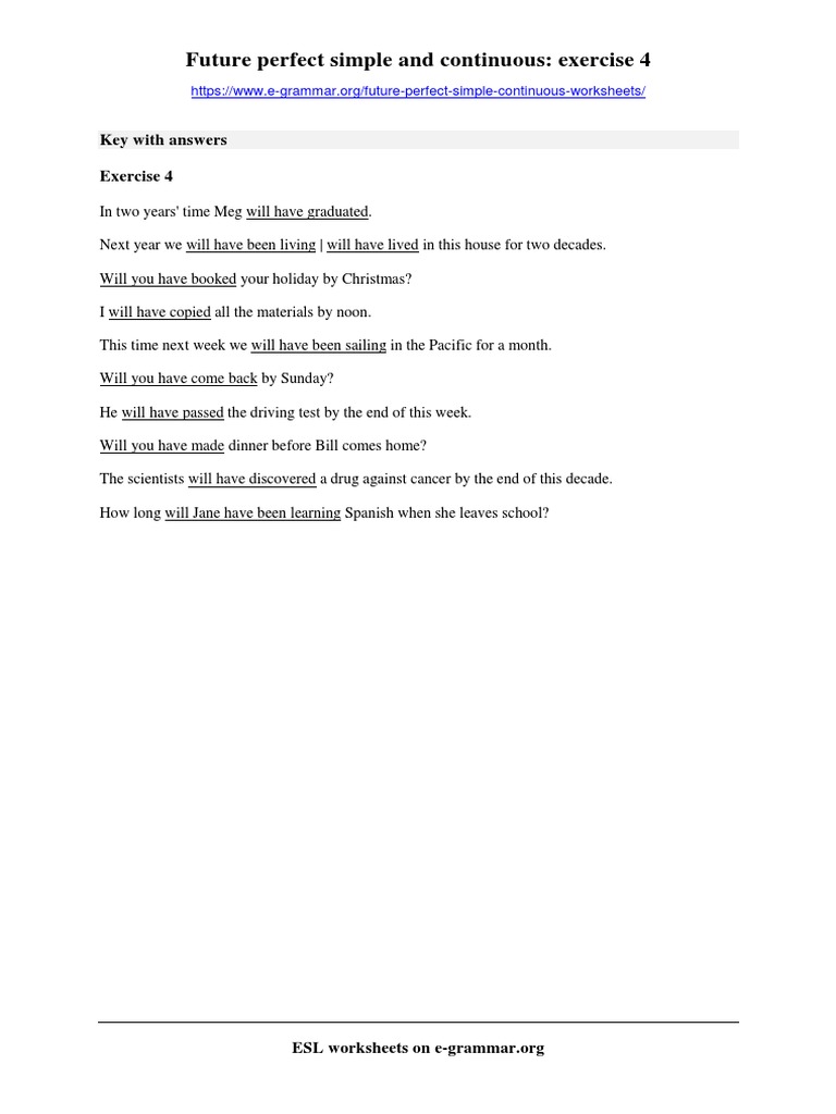 Future Perfect Simple Continuous Exercise 4 Key PDF | PDF