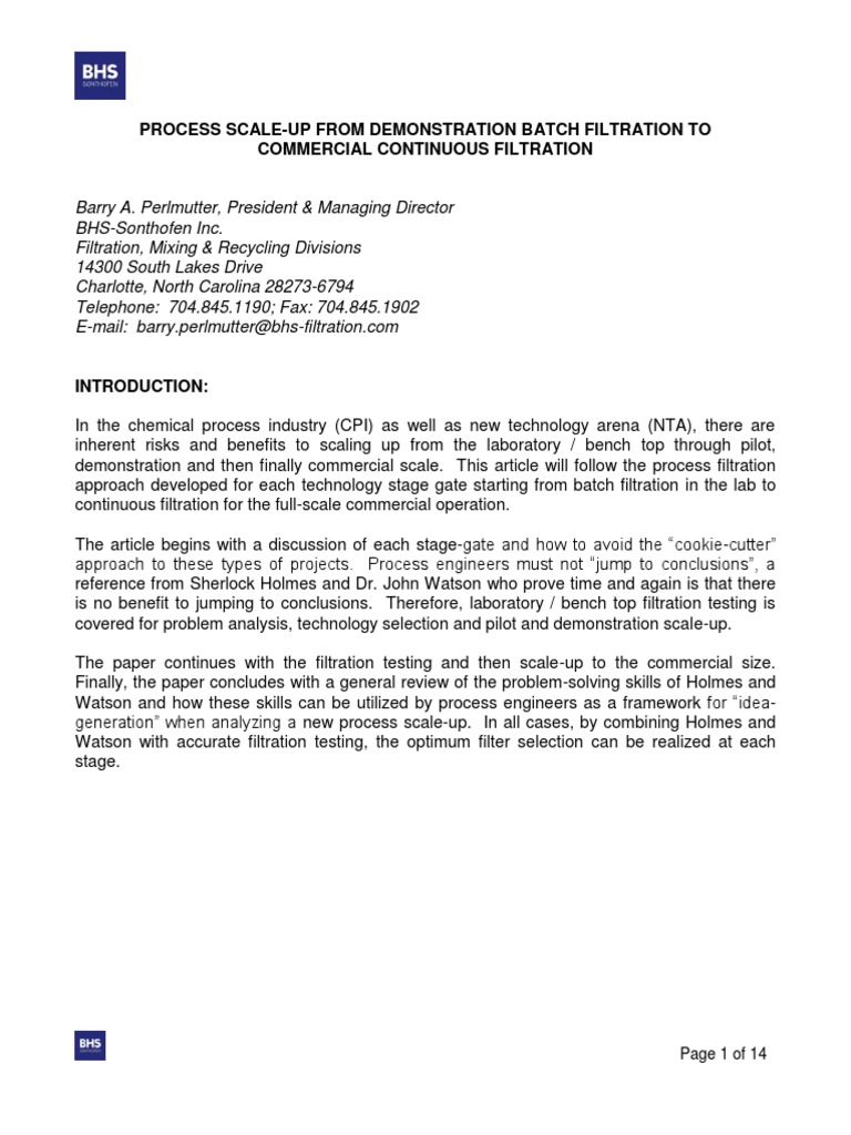 Process Scale Up Demo Batch Filtration Commercial Continuous Filtration ...