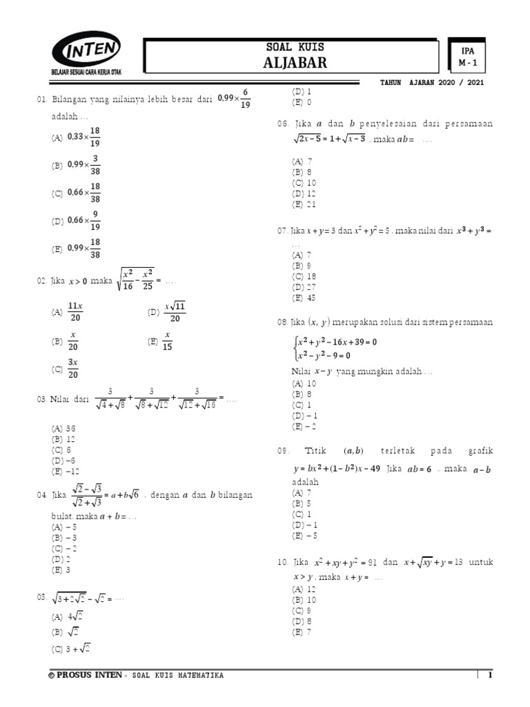 Kuis - M1 - IPA - Aljabar | PDF