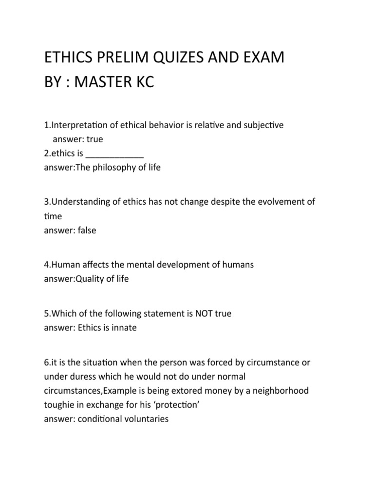 Mastering Ethics: An Analysis of Key Concepts from an Ethics Preliminary Quiz and Exam | PDF ...