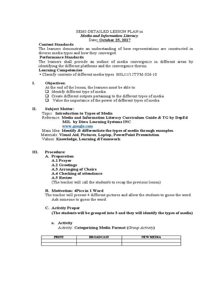 Media Literacy Lesson Plan Overview | PDF | Information Literacy ...