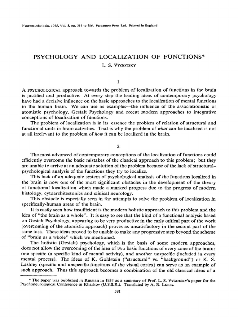 Vygotsky, L. (1965) - Psychology and Localization of Functions | PDF | Idea | System