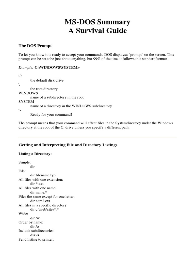 MS-DOS Summary A Survival Guide | PDF | Computer File | Directory (Computing)
