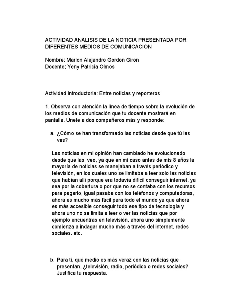 Actividad Análisis de La Noticia Presentada Por Diferentes Medios de ...