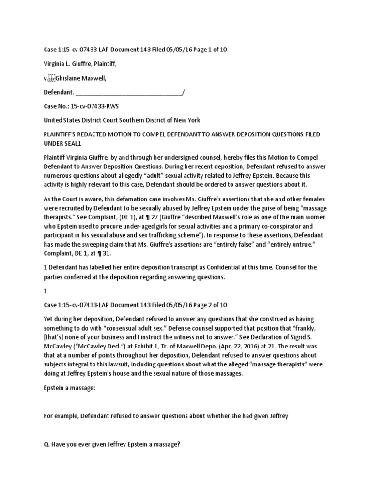 Epstein Case Unredacted PDF | PDF | Discovery (Law) | Deposition (Law)