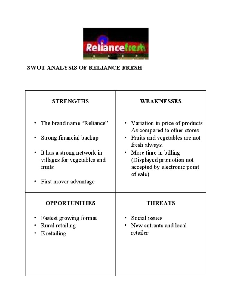Swot Analysis of Reliance Fresh | PDF