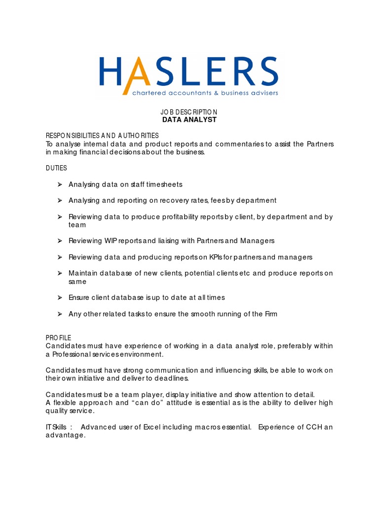 Job Description Data Analyst Responsibilities and Authorities | PDF