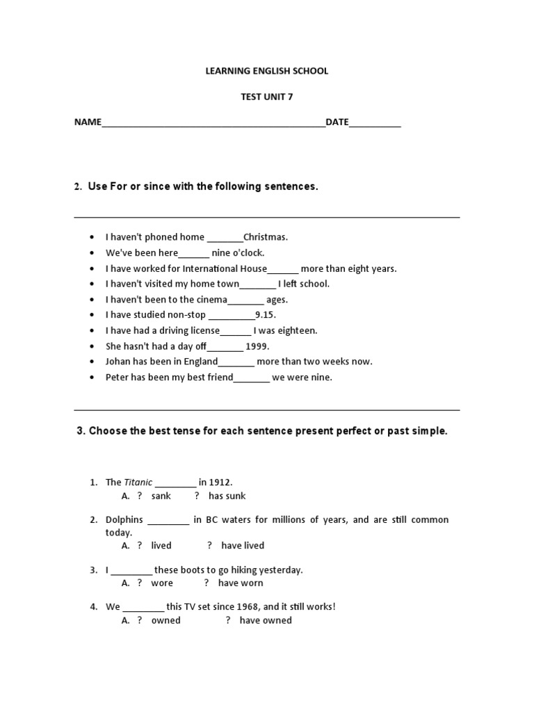 Learning English School Test Unit 7 NAME - DATE | PDF | Languages ...