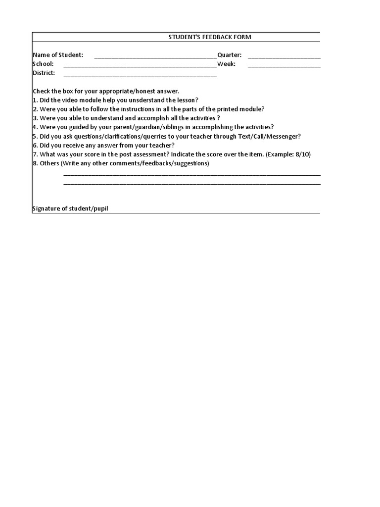 LEARNER and PARENTS FEEDBACK FORM | PDF | Parent | Relationships