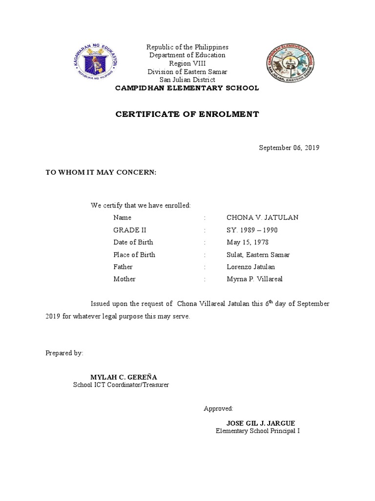 Certificate of Enrolment: Campidhan Elementary School | PDF