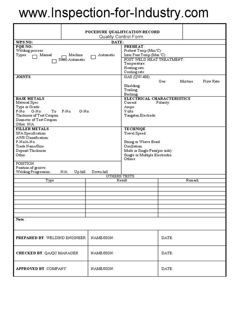 Quality Control Form: Pocedure Qualification Record Wps No: Date: PQR ...