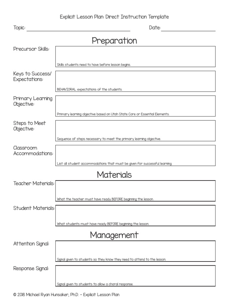 Preparation: © 2018 Michael Ryan Hunsaker, Ph.D. - Explicit Lesson Plan ...