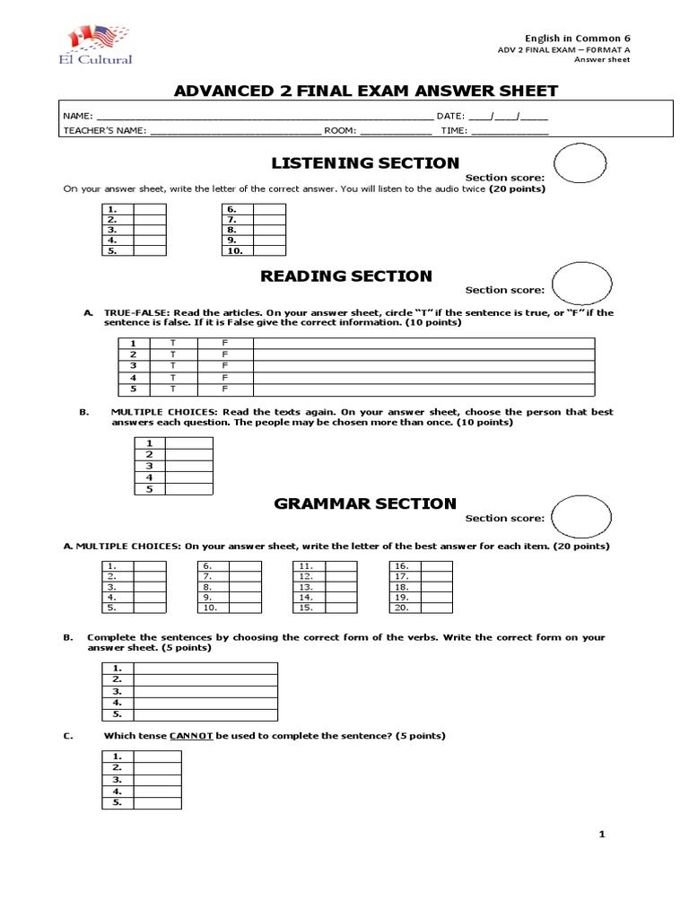 Advanced 2 Final Exam Answer Sheet: Section Score | PDF | Multiple ...