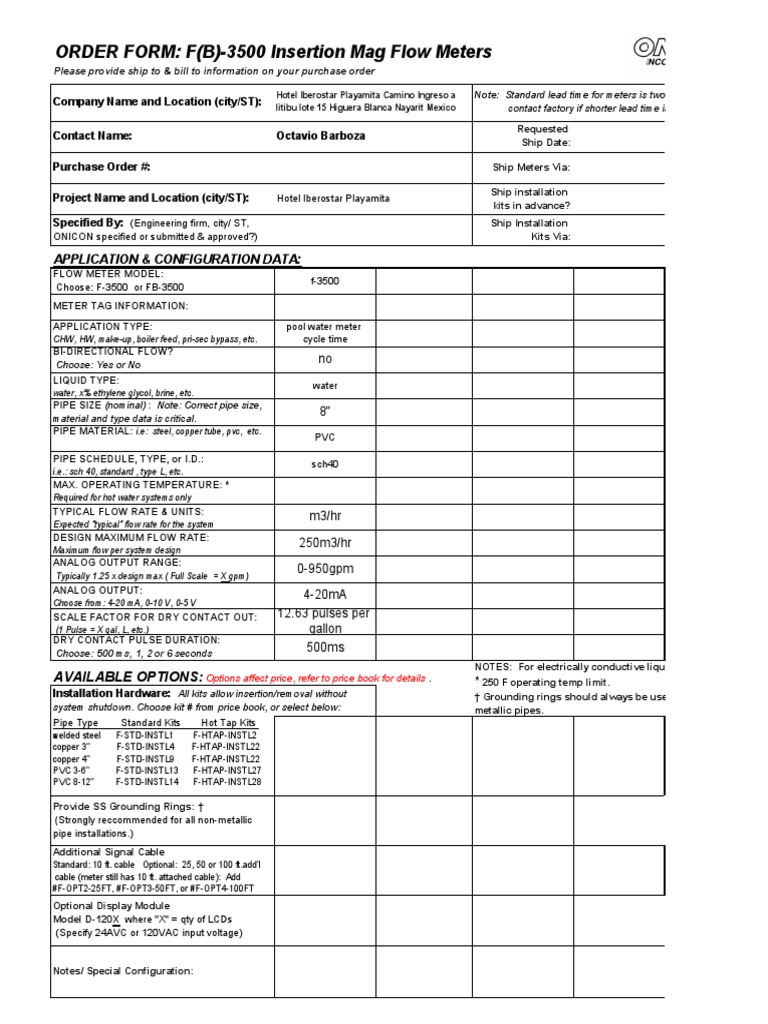 Flow Meter Order Form | PDF | Flow Measurement | Pipe (Fluid Conveyance)