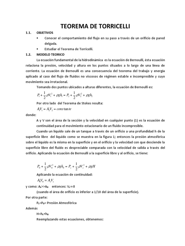 Teorema de Torricelli en Hidrostática | PDF | Líquidos | Ingeniería ...