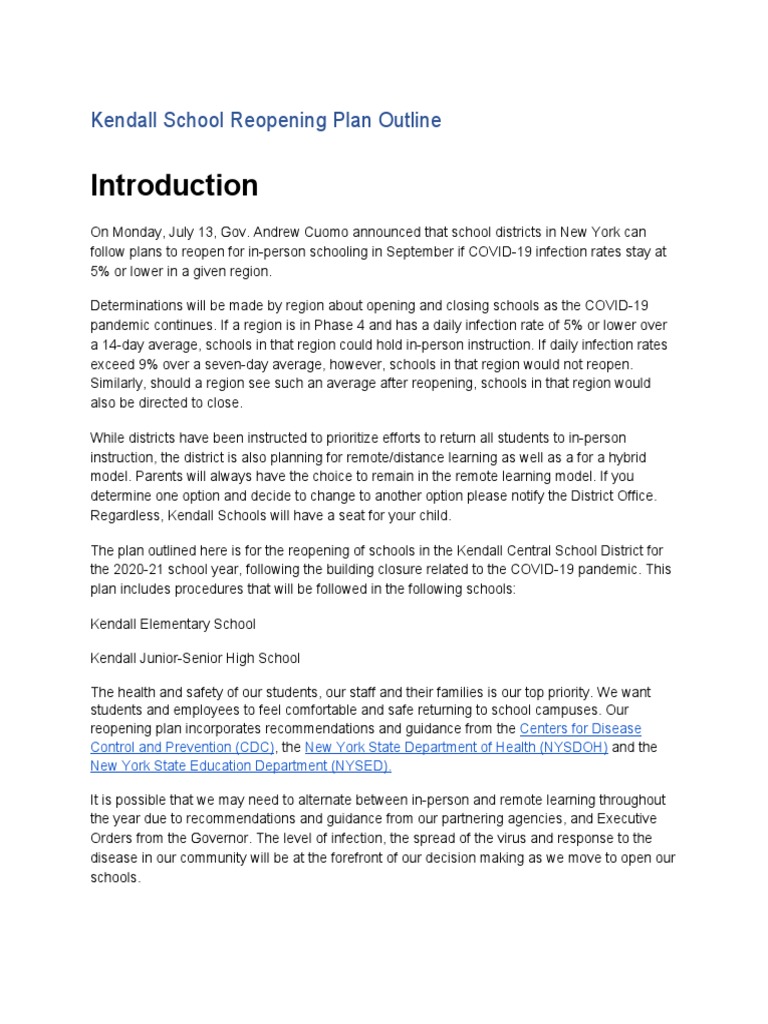 Kendall School Reopening Plan 2020-21 | PDF | Hand Washing | Hygiene