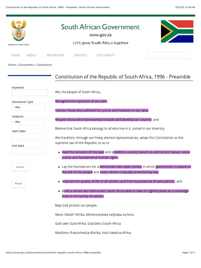 Constitution of The Republic of South Africa, 1996 - Preamble - South ...