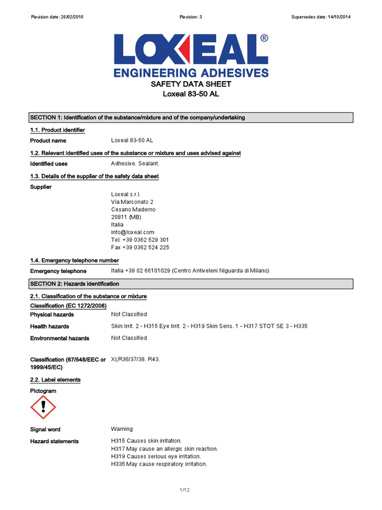 Safety Data Sheet Loxeal 83-50 AL: Revision Date: 26/02/2016 Revision ...