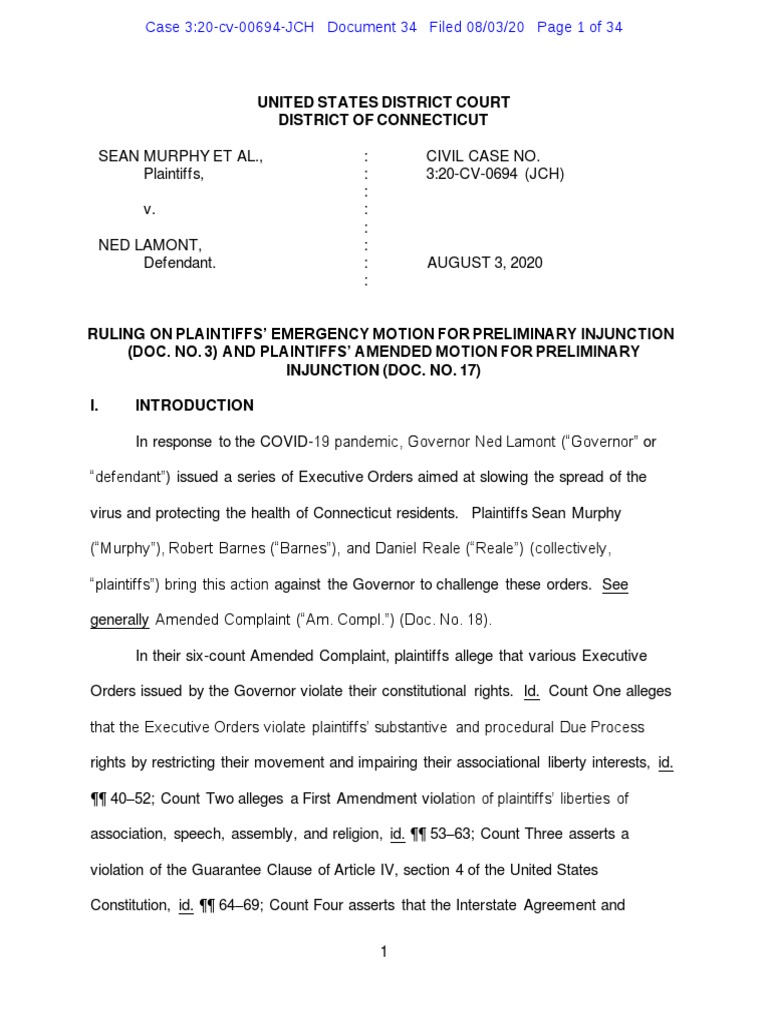 Murphy V Lamont | PDF | Standing (Law) | Complaint