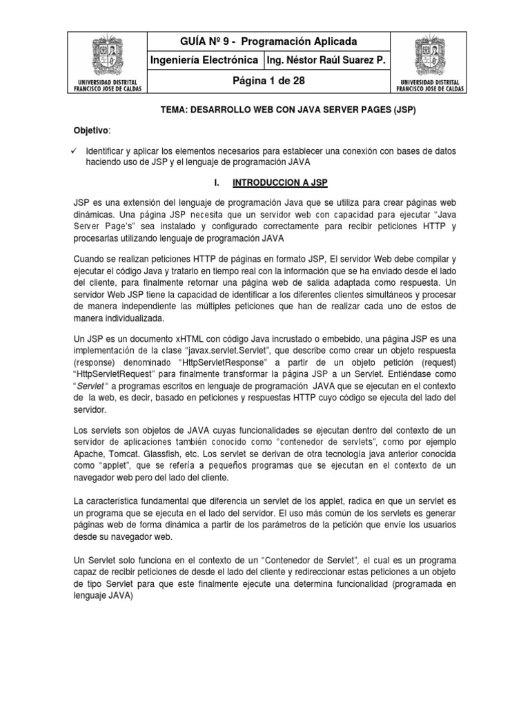 Guía JSP para Ingeniería Electrónica | PDF | Páginas del servidor Java | Servlet Java