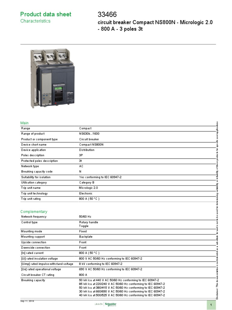 Product Data Sheet: Circuit Breaker Compact NS800N - Micrologic 2.0 ...