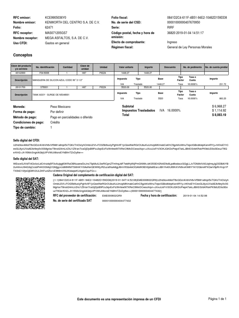 Conceptos: 40142000 F04-6006 1 H87 Pieza 1448.27 1448.27 | PDF | Pagos ...