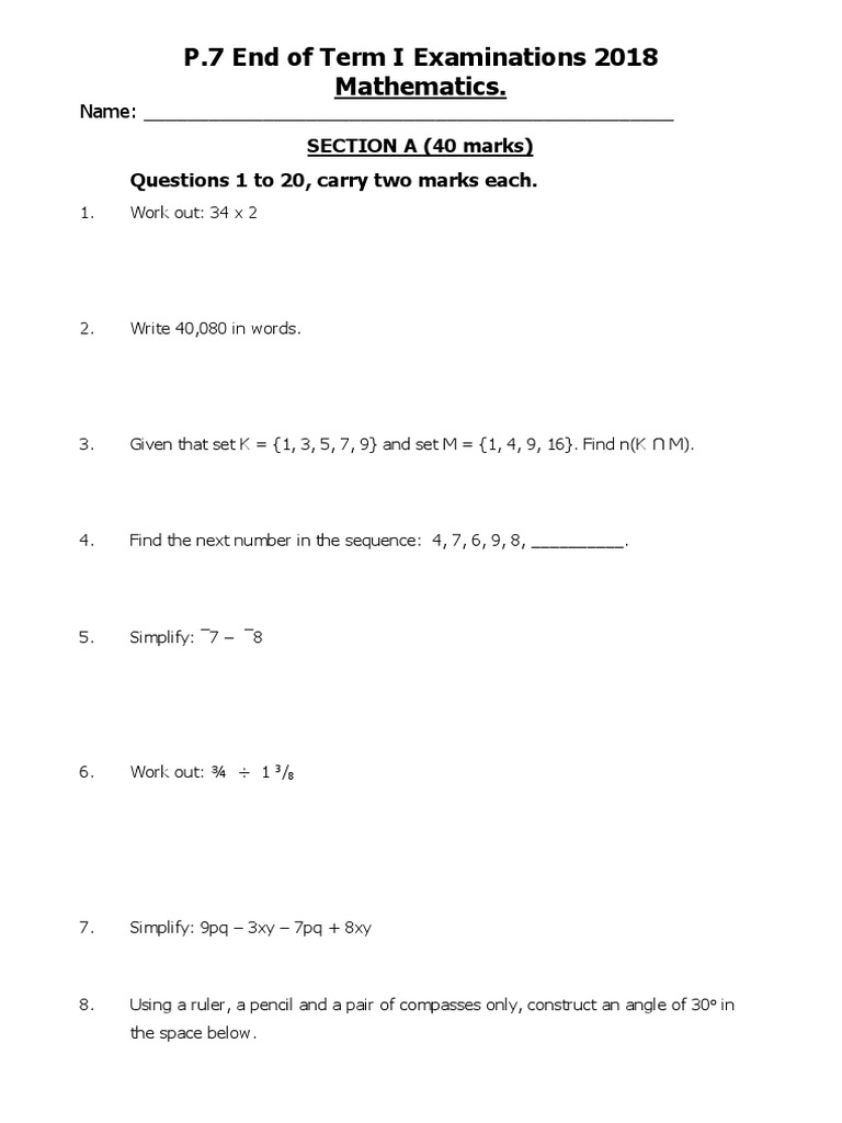 Mathematics End of Term Examination: Analyzing Patterns, Relationships ...
