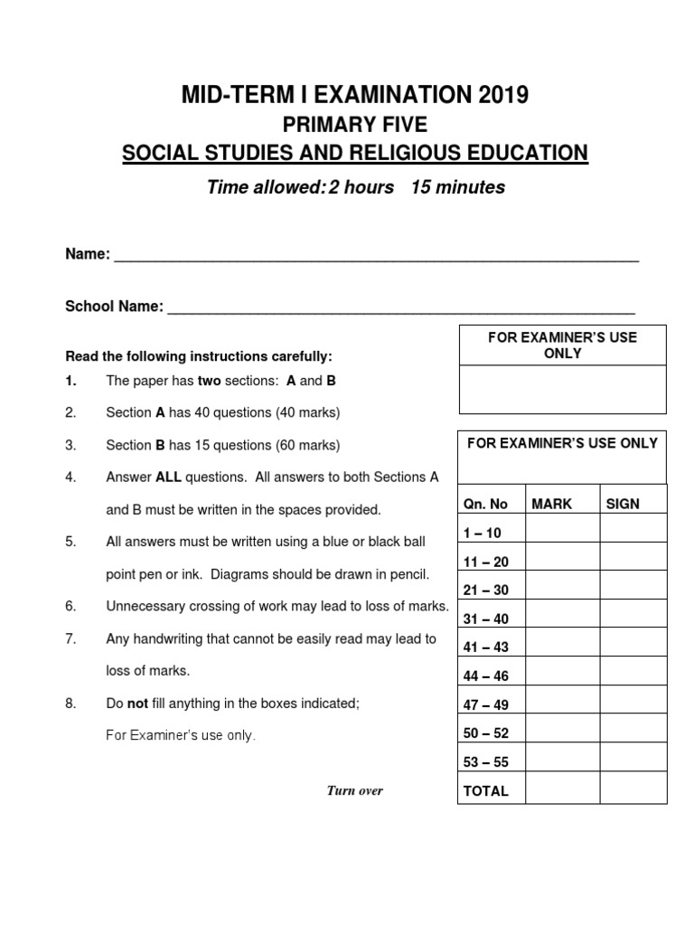 Social Studies and Religious Education P5 Mid-Term I Exam 2019 | PDF | Noah's Ark | Revelation