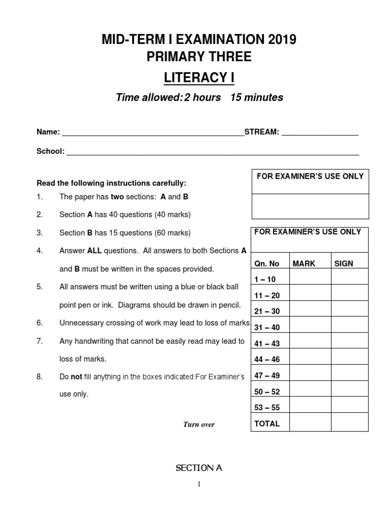 Primary Three Literacy I Exam 2019 | PDF | Rust | Soil