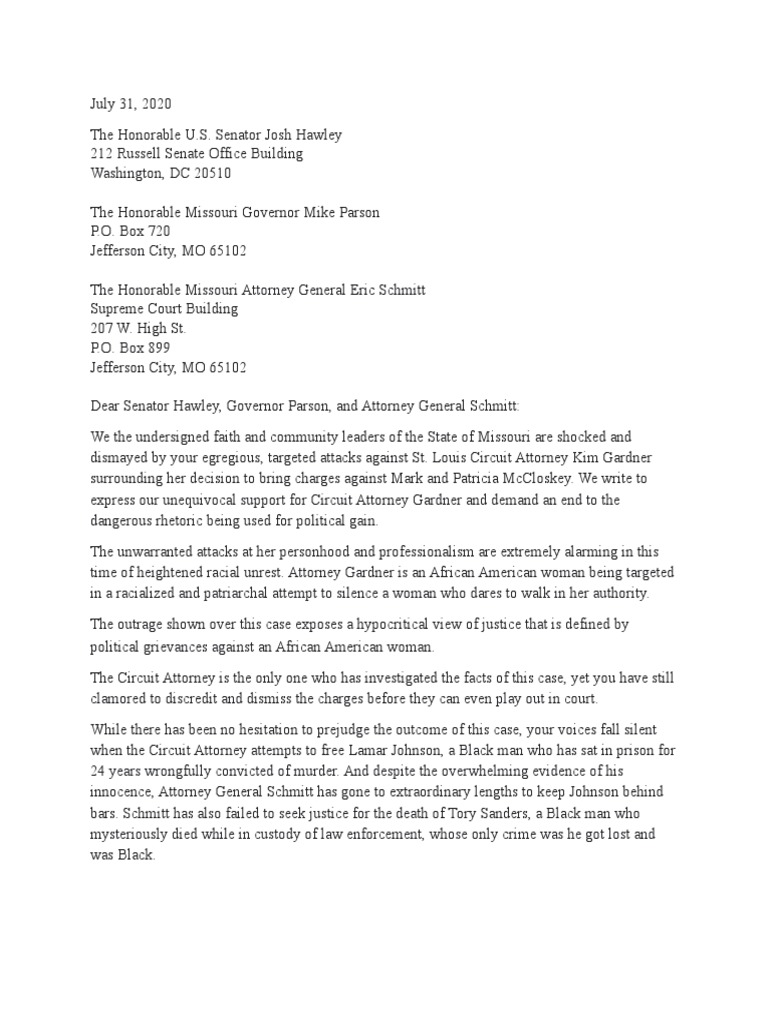 Final Faith Letter For Kim Gardner With Clergy Signatures | PDF | The ...