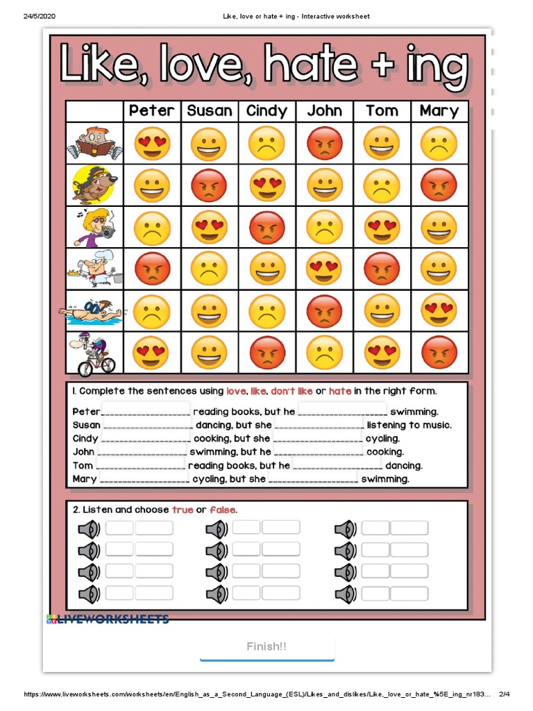 "Like, Love, Hate +ing ESL Worksheet" | PDF
