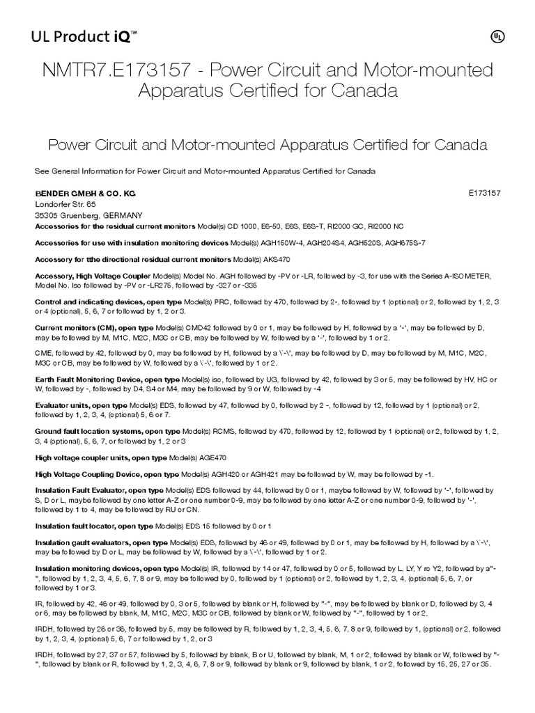 UL Bender - File E173157 - Power Circuit and Motor-Mounted Apparatus ...